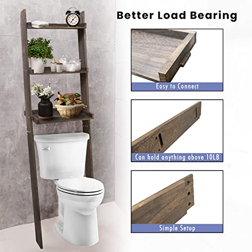 Eelexa Over The Toilet Storage Ladder Shelf 3 Tier Wooden Over Toilet Bathroom Organizer Rack for Small Space, Bathroom, Restroom, 70 Inch Tall, Dark Brown