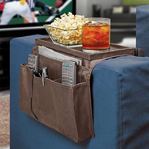 Sofa Armrest Organizer with Cup Holder, Non-Slip Armchair Caddy TV Remote Control Holder Sofa Tray Armchairs Table Storage Bag with 4 Pockets for Cellphone Tablet Book Drinks(11.8 x 7.1x 7.1 inch)