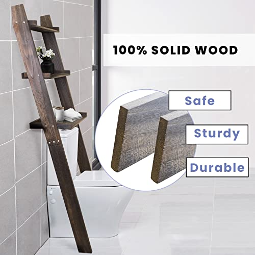 Eelexa Over The Toilet Storage Ladder Shelf 3 Tier Wooden Over Toilet Bathroom Organizer Rack for Small Space, Bathroom, Restroom, 70 Inch Tall, Dark Brown