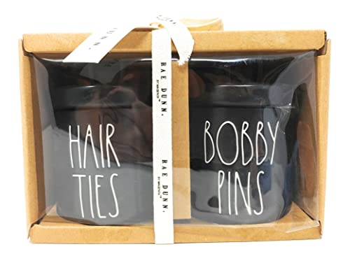 Rae Dunn by Magenta LL Black HAIR TIES and BOBBY PINS Jar Set, 4" tall x 2.75" wide each, Ceramic Jars, Bathroom, Bedroom, Make Up, Holder, Storage, Canister, Organizer