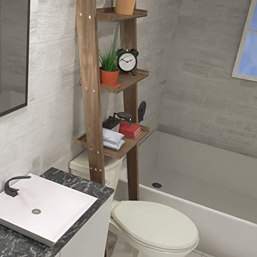 Eelexa Over The Toilet Storage Ladder Shelf 3 Tier Wooden Over Toilet Bathroom Organizer Rack for Small Space, Bathroom, Restroom, 70 Inch Tall, Dark Brown