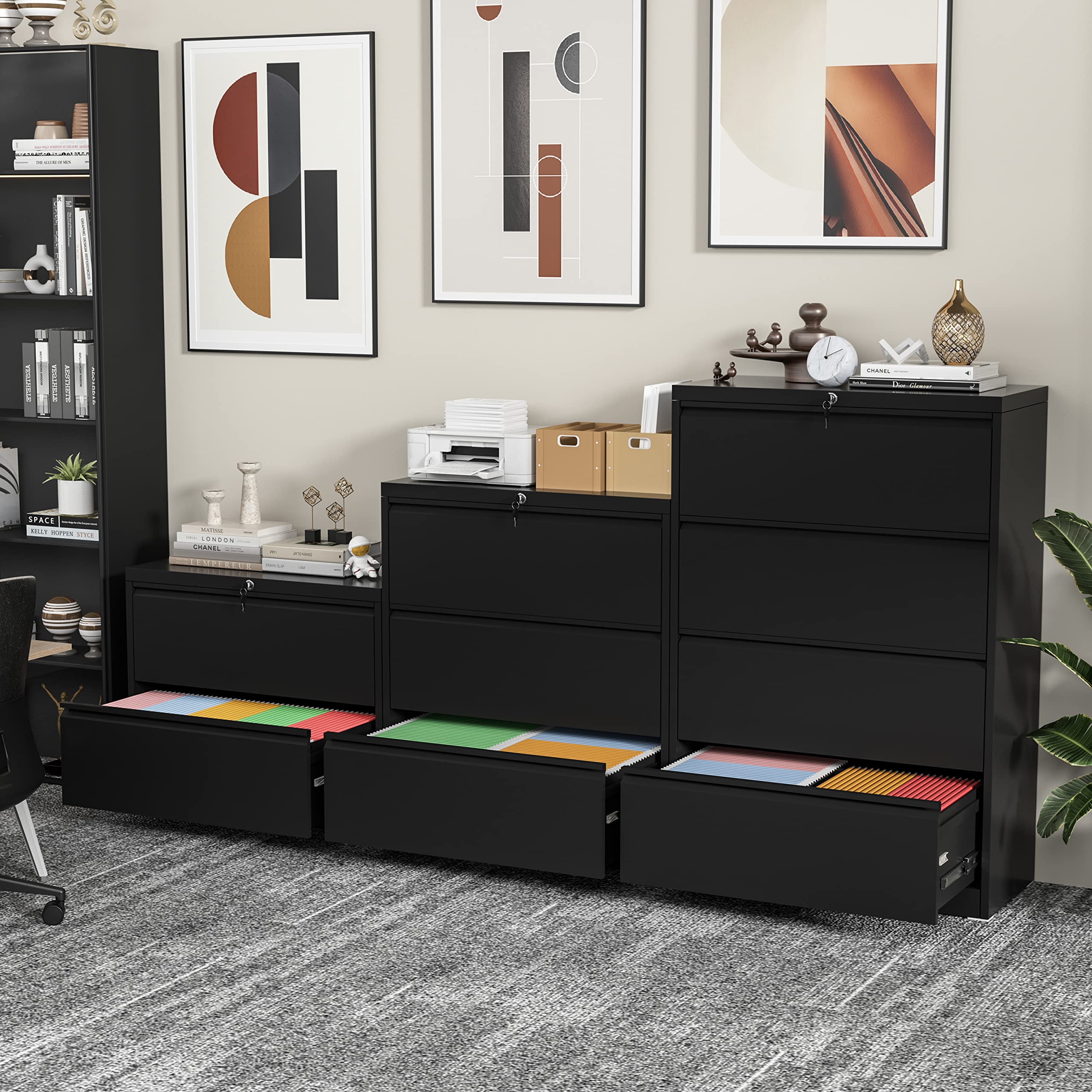 INTERGREAT Lateral File Cabinet 2 Drawer, Metal Filing Cabinet with Lock for Legal/Letter A4 Size, Locking Black File Cabinet for Home Office