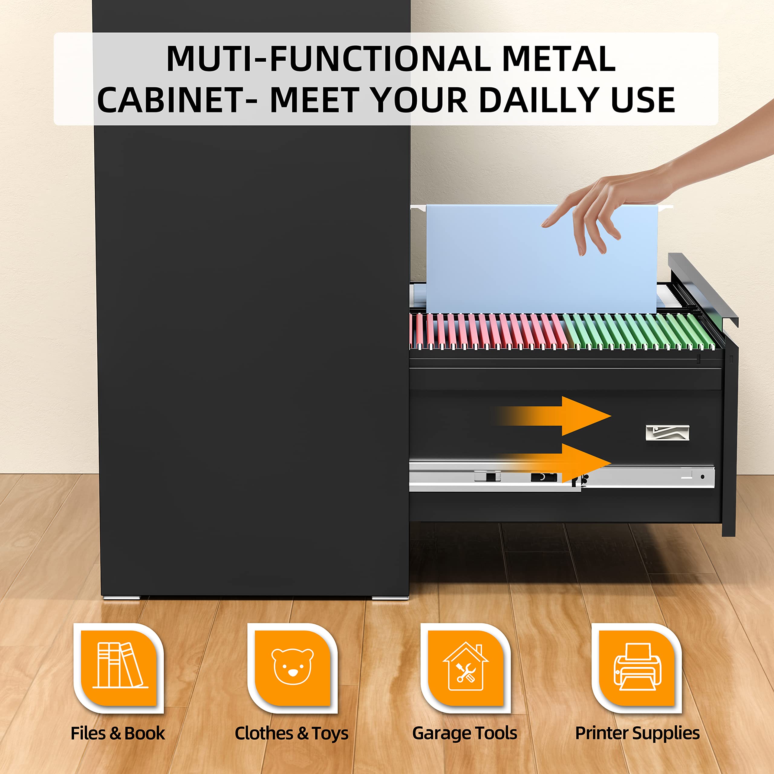 INTERGREAT Lateral File Cabinet 2 Drawer, Metal Filing Cabinet with Lock for Legal/Letter A4 Size, Locking Black File Cabinet for Home Office