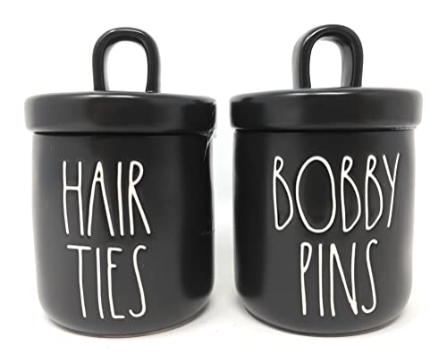 Rae Dunn by Magenta LL Black HAIR TIES and BOBBY PINS Jar Set, 4" tall x 2.75" wide each, Ceramic Jars, Bathroom, Bedroom, Make Up, Holder, Storage, Canister, Organizer
