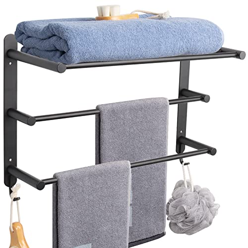 NearMoon Bathroom 3 Tier Towel Shelf- Premium SUS304 Stainless Steel Towel Rack with Double Towel Bar Space Saving Towel Hangers Bath Storage Organizer Accessory Wall Mounted (24 Inch, Matte Black)
