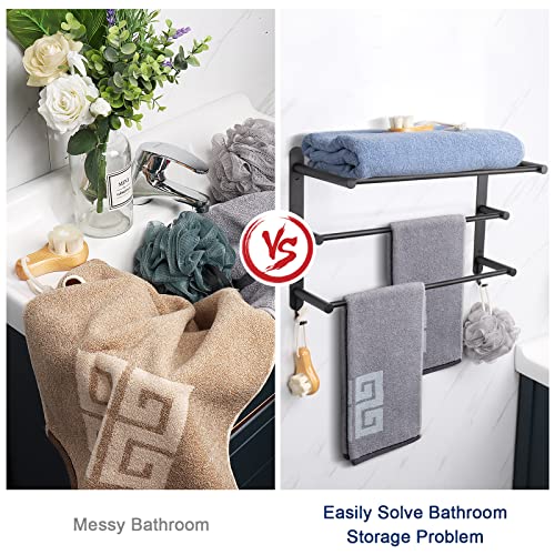 NearMoon Bathroom 3 Tier Towel Shelf- Premium SUS304 Stainless Steel Towel Rack with Double Towel Bar Space Saving Towel Hangers Bath Storage Organizer Accessory Wall Mounted (24 Inch, Matte Black)