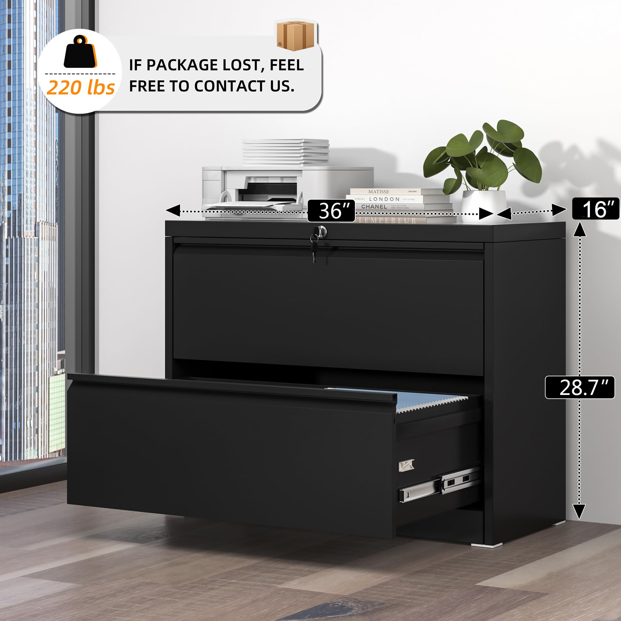 INTERGREAT Lateral File Cabinet 2 Drawer, Metal Filing Cabinet with Lock for Legal/Letter A4 Size, Locking Black File Cabinet for Home Office