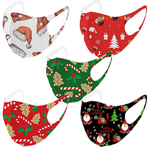 5PCS Black Face Mask Covers with Elastic Ear Loop Cover Full Face Anti-Dust, Unisex, Washable, Breathable, and Reusable (Adults Christmas)