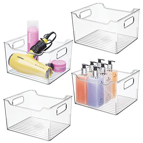 mDesign Large Deep Plastic Storage Bin with Handle for Bathroom/Vanity Organization - Countertop Makeup Organizer - Organization for Shelf, Cabinet, and Closet Decor - Ligne Collection, 4 Pack, Clear