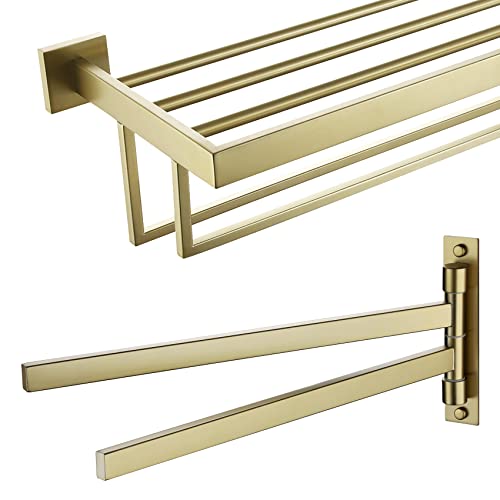 KOKOSIRI Towel Shelf Holder 24'' Bathroom Towel Rack Hand Towel Bar Swing Out Swivel Towel Holder Brushed Gold B6003BG+B5007BG-A2