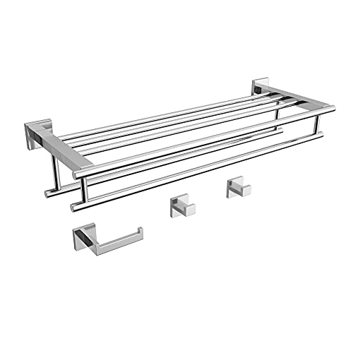USHOWER Polished Chrome Towel Rack Set, Included 24-Inch Wide Bathroom Hotel Towel Shelf, 4 Piece