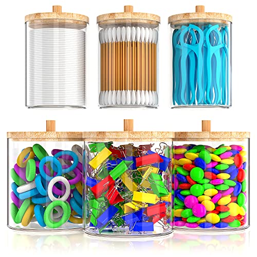 Clear Plastic Apothecary Jars with Lids - Premium Acrylic Qtip Holder Bathroom Set (6 Pack) - 10 Oz Bathroom Canisters for Cotton Ball, Cotton Swab and Cotton Round Pads - Compact Qtip Dispenser