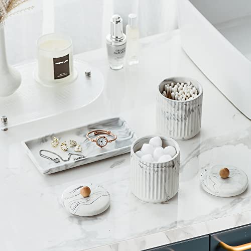 Redelaenor Marble Small Bathroom Jar Set ,Ceramic Cotton Swabs Holder with Lid and Dresser Organizer Set Tray for Storage and Organizing in Bathroom, Dresser, Kitchen, Office