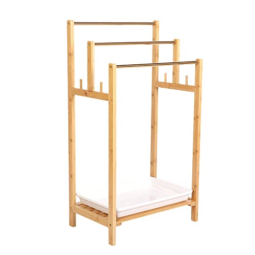 3 Tier Towel Rack Holder Free Standing Towel Hanging and Drying Rack Bath Towel Storage Organizer Solution for Bathroom Hotel Restroom Beach Swimming Pool (Bamboo)