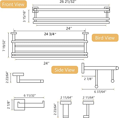 USHOWER Polished Chrome Towel Rack Set, Included 24-Inch Wide Bathroom Hotel Towel Shelf, 4 Piece