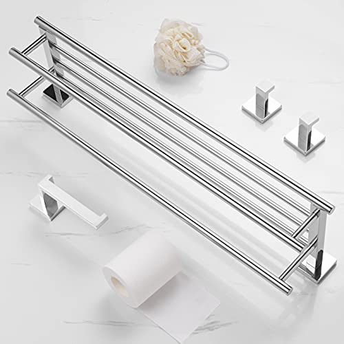 USHOWER Polished Chrome Towel Rack Set, Included 24-Inch Wide Bathroom Hotel Towel Shelf, 4 Piece