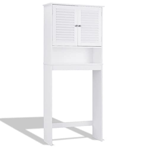 Over The Toilet Storage Cabinet with Adjustable Shelf, Bathroom Organizer Storage Rack, Two Doors, White Over Toilet Bathroom Organizer Paint Smooth Panels and A Black Paint Faux Marble Panel