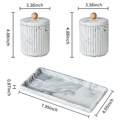 Redelaenor Marble Small Bathroom Jar Set ,Ceramic Cotton Swabs Holder with Lid and Dresser Organizer Set Tray for Storage and Organizing in Bathroom, Dresser, Kitchen, Office