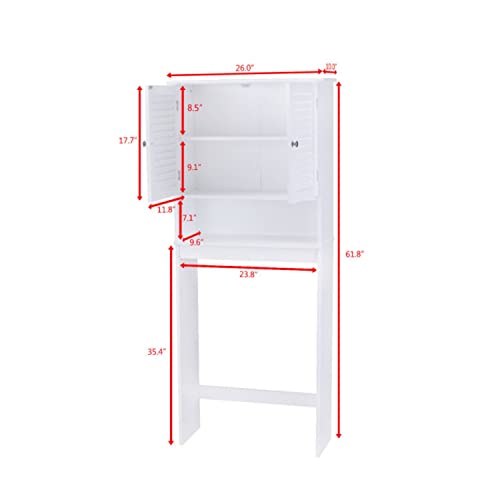 Over The Toilet Storage Cabinet with Adjustable Shelf, Bathroom Organizer Storage Rack, Two Doors, White Over Toilet Bathroom Organizer Paint Smooth Panels and A Black Paint Faux Marble Panel