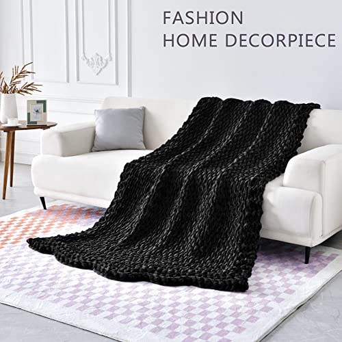 Handmade Chunky Knitted Weighted Blanket Velvet Knit Throw for Sleep,No Filler,Evenly Weighted,Soft Cozy(Black,51"x63"-13.5lbs)