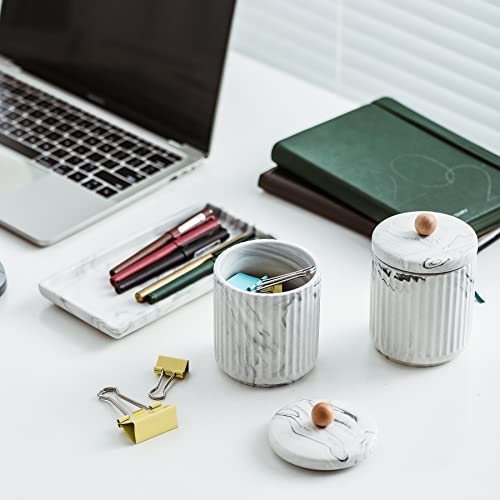 Redelaenor Marble Small Bathroom Jar Set ,Ceramic Cotton Swabs Holder with Lid and Dresser Organizer Set Tray for Storage and Organizing in Bathroom, Dresser, Kitchen, Office