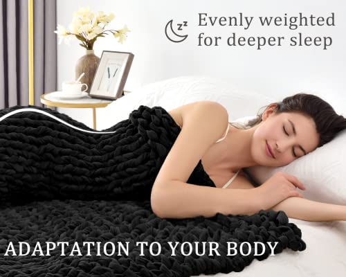 Handmade Chunky Knitted Weighted Blanket Velvet Knit Throw for Sleep,No Filler,Evenly Weighted,Soft Cozy(Black,51"x63"-13.5lbs)