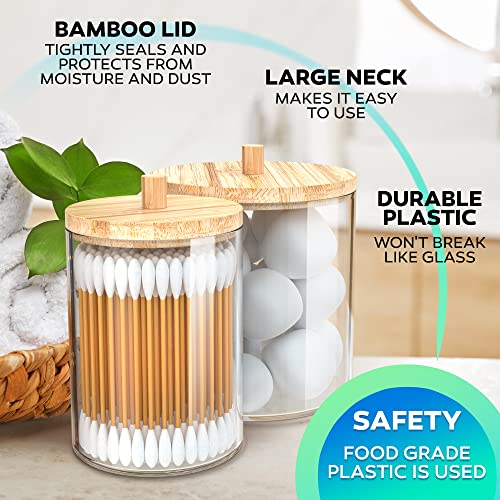 Clear Plastic Apothecary Jars with Lids - Premium Acrylic Qtip Holder Bathroom Set (6 Pack) - 10 Oz Bathroom Canisters for Cotton Ball, Cotton Swab and Cotton Round Pads - Compact Qtip Dispenser
