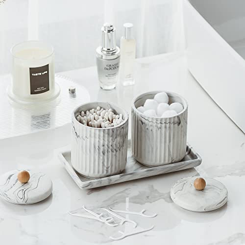 Redelaenor Marble Small Bathroom Jar Set ,Ceramic Cotton Swabs Holder with Lid and Dresser Organizer Set Tray for Storage and Organizing in Bathroom, Dresser, Kitchen, Office