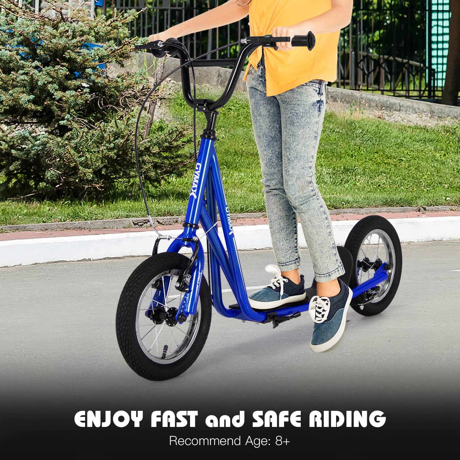GYMAX Scooter, Kids & Adults Off-Road Scooter with 12" Inflatable Wheels, Adjustable Height Handlebar, V-Type Handbrakes & Axle Pegs for All Terrain, 8+ (Blue)