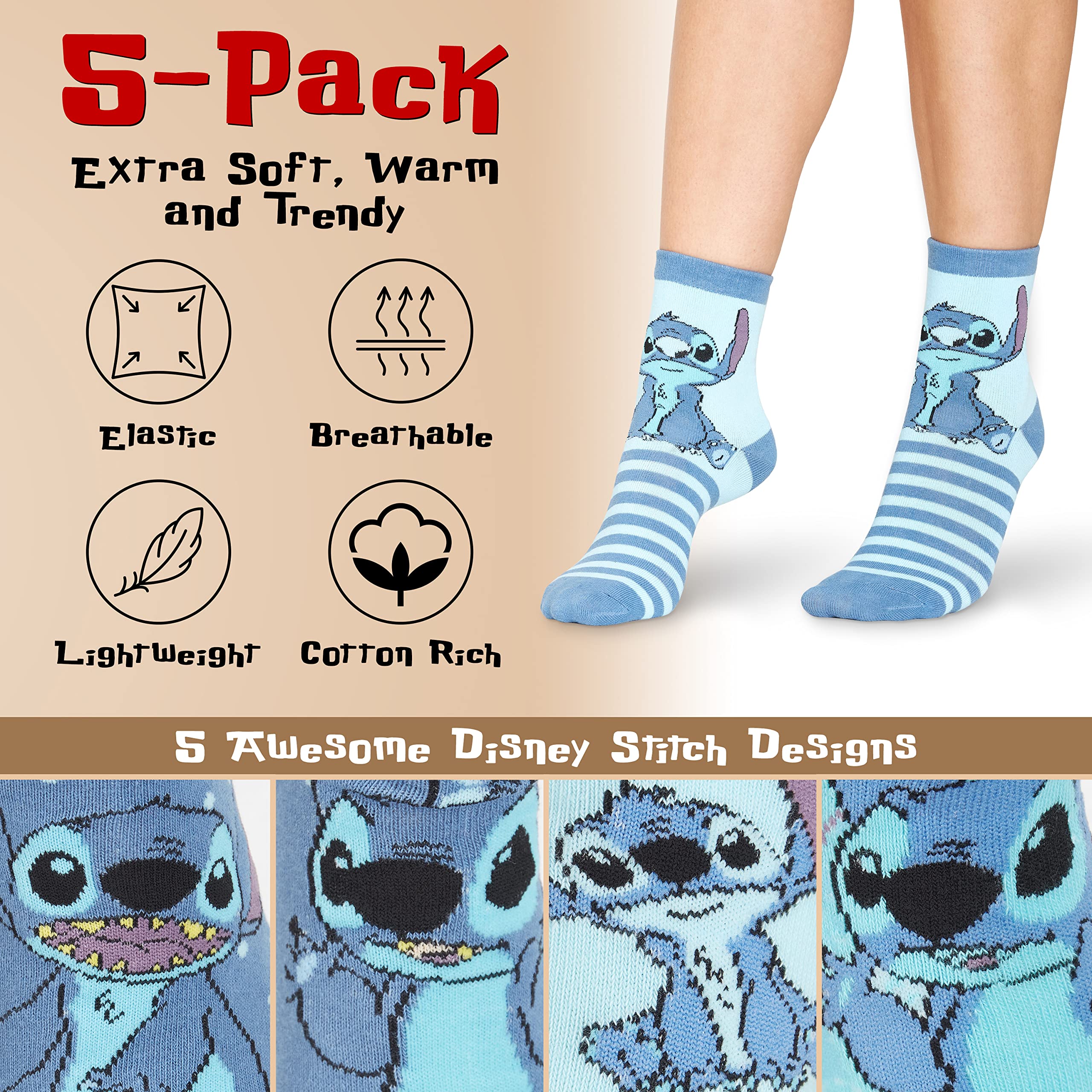 Disney Womens Novelty Socks, Pack of 5 Soft Calf Socks - Gifts for her (Blue Stitch)