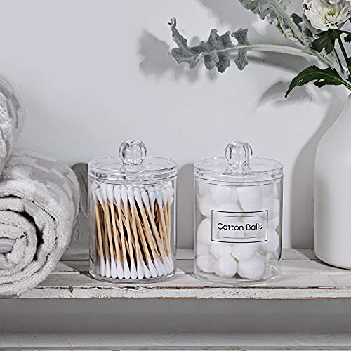 2 Pack Dustproof Storage Box for Cotton Ball, Cotton Swab, Cotton Round Pads, Floss - 10 Oz Clear Plastic Apothecary Jar Set for Bathroom Canister Storage Organization, Vanity Makeup Organizer