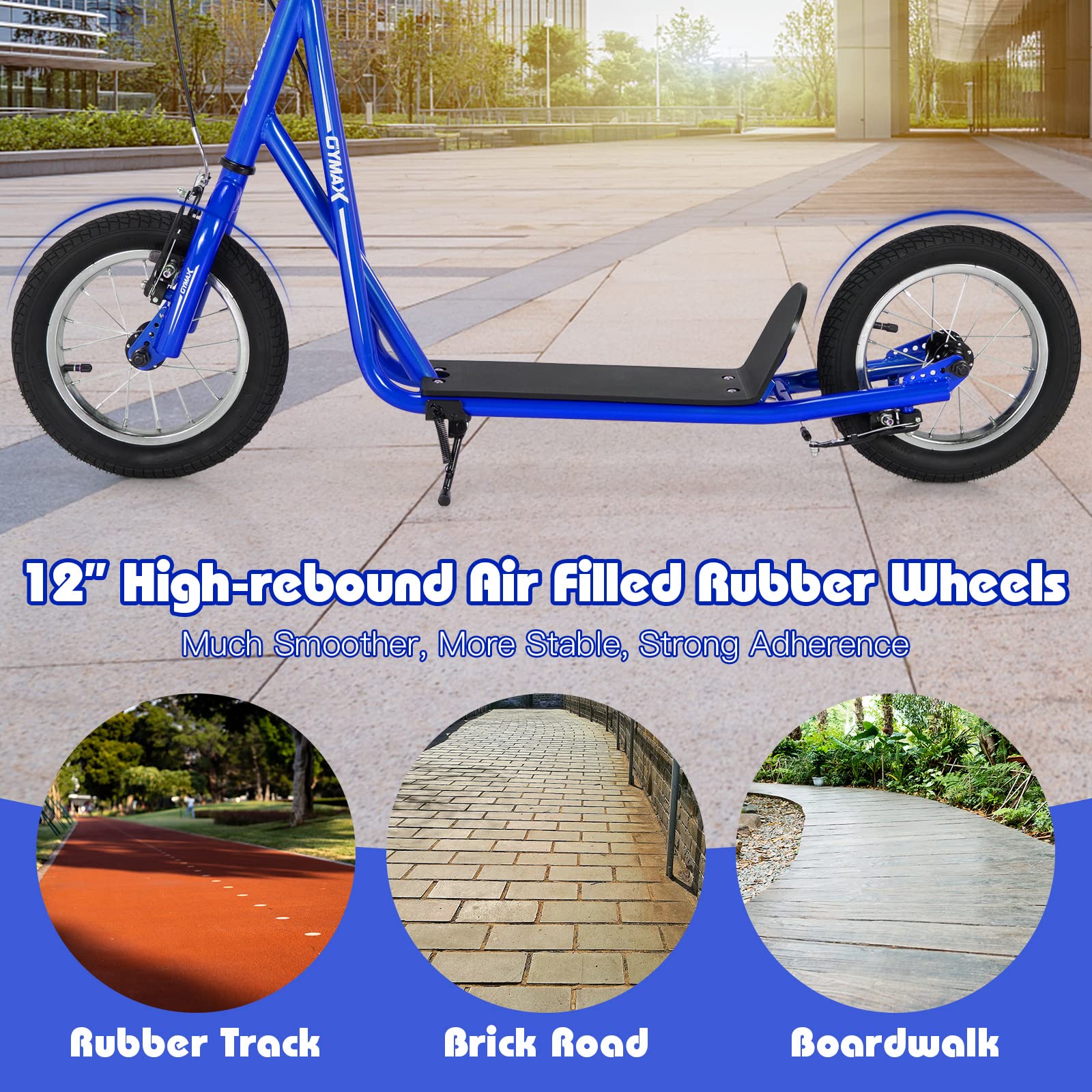 GYMAX Scooter, Kids & Adults Off-Road Scooter with 12" Inflatable Wheels, Adjustable Height Handlebar, V-Type Handbrakes & Axle Pegs for All Terrain, 8+ (Blue)