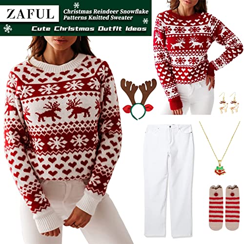 ZAFUL Women's Christmas Reindeer Xmas Snowflake Patterns Knitted Sweater Long Sleeve Elk Floral Printed Pullover White