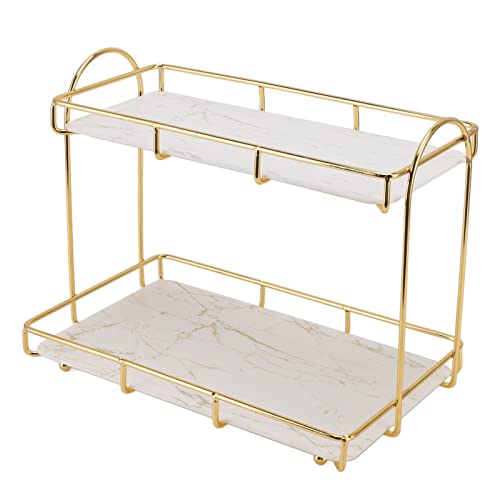 Ladieshow Makeup Organizer Shelf, 2 Tier Cosmetic Storage Basket with Removable Glass Tray, Wire Vanity Organizer Rack for Dresser, Countertop, Bathroom and More