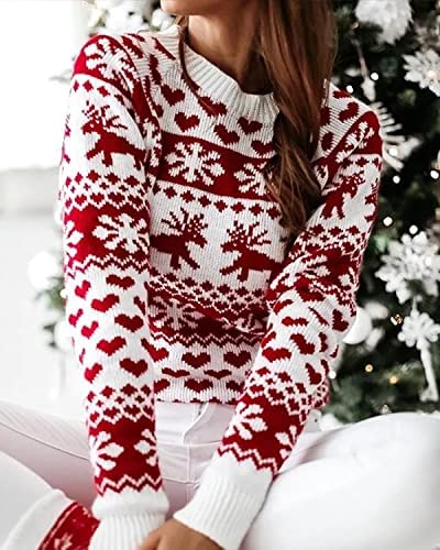 ZAFUL Women's Christmas Reindeer Xmas Snowflake Patterns Knitted Sweater Long Sleeve Elk Floral Printed Pullover White