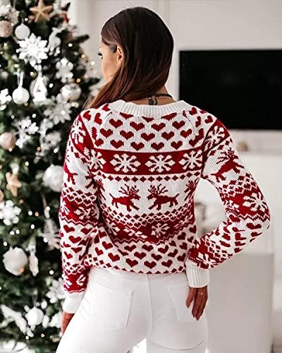 ZAFUL Women's Christmas Reindeer Xmas Snowflake Patterns Knitted Sweater Long Sleeve Elk Floral Printed Pullover White