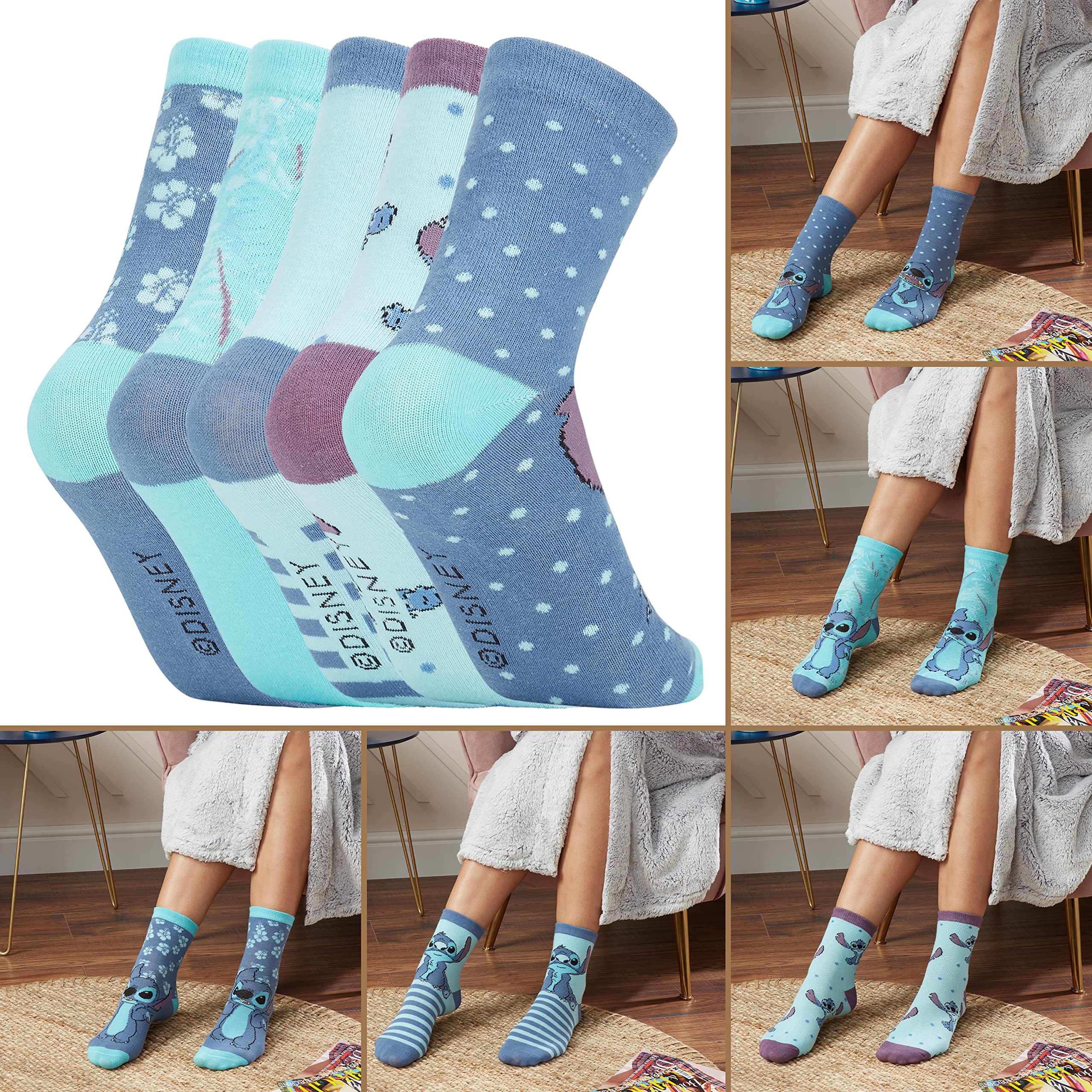 Disney Womens Novelty Socks, Pack of 5 Soft Calf Socks - Gifts for her (Blue Stitch)