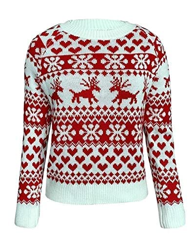 ZAFUL Women's Christmas Reindeer Xmas Snowflake Patterns Knitted Sweater Long Sleeve Elk Floral Printed Pullover White