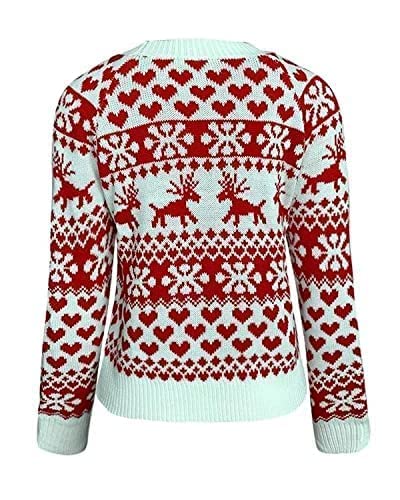 ZAFUL Women's Christmas Reindeer Xmas Snowflake Patterns Knitted Sweater Long Sleeve Elk Floral Printed Pullover White