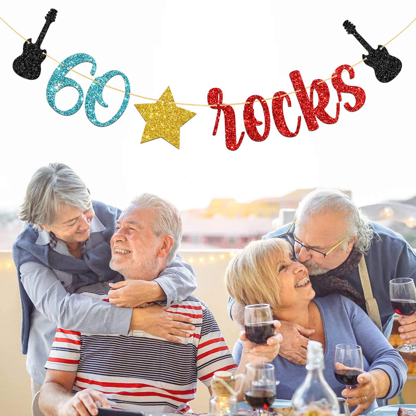 WeBenison 60 Rocks Birthday Banner Rock and Roll Music Theme 60th Birthday Banner / 60's Rock Guitar Birthday Party Decorations Glitter (60)