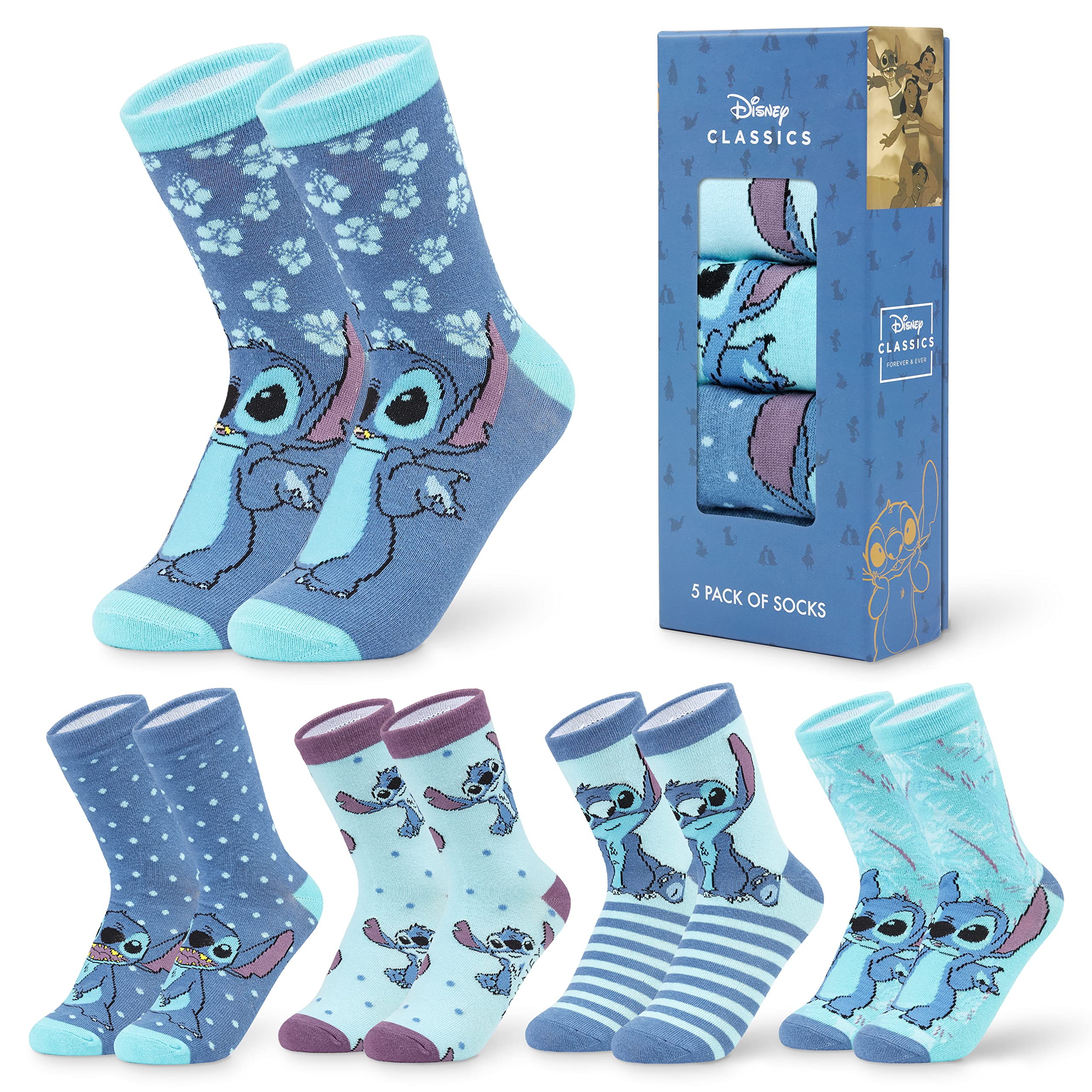 Disney Womens Novelty Socks, Pack of 5 Soft Calf Socks - Gifts for her (Blue Stitch)