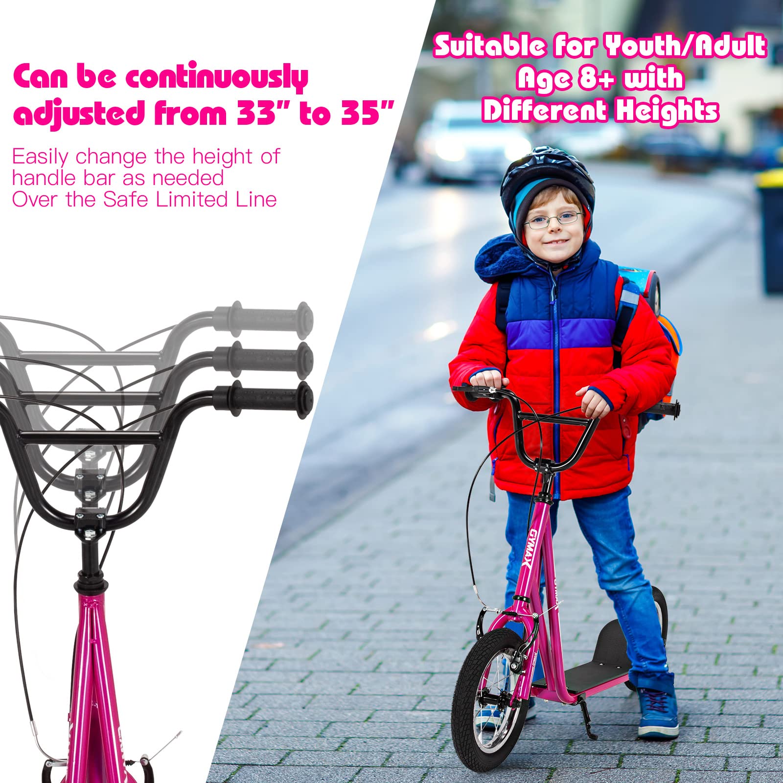 GYMAX Scooter, Kids & Adults Off-Road Scooter with 12" Inflatable Wheels, Adjustable Height Handlebar, V-Type Handbrakes & Axle Pegs for All Terrain, 8+ (Pink)
