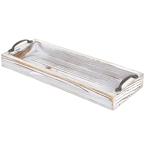 MyGift Weathered White Solid Wood Toilet Tank Tray, 16 Inch Rectangular Bathroom Vanity Tray with Aged Bronze Metal Handles