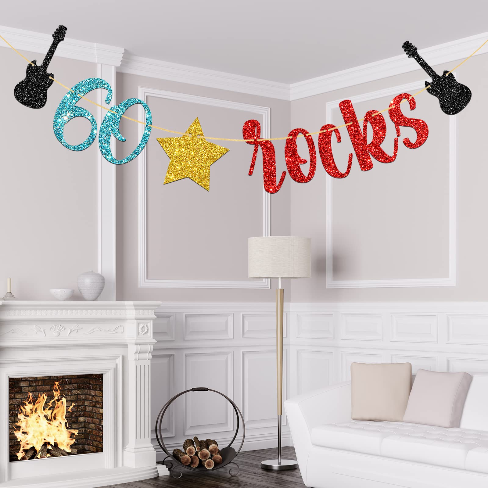 WeBenison 60 Rocks Birthday Banner Rock and Roll Music Theme 60th Birthday Banner / 60's Rock Guitar Birthday Party Decorations Glitter (60)