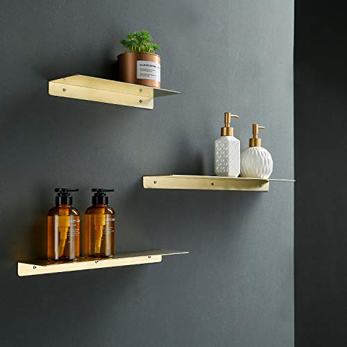 TRUSTMI Brushed Gold Floating Shelf SUS304 Stainless Steel Wall Mounted Storage Shelves (16 inch x 4 inch) for Bathroom Kitchen, Bedroom, Living Room, Heavy Duty and Rustproof, Brushed Brass