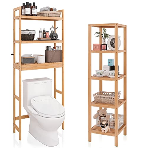 SMIBUY Bamboo Bathroom Over-The-Toilet Storage Shelf with 3-Tier Adjustable Shelves and 5-Tier Bamboo Rack Organizer Unit for Living Room Bedroom Kitchen (Natural)