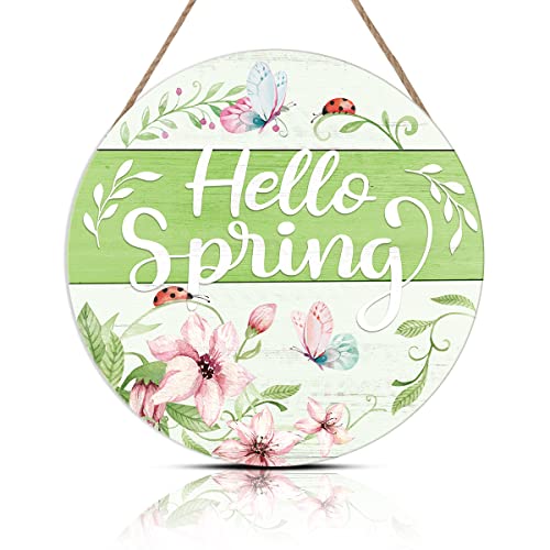 LHIUEM Hello Spring Wooden Hanging Sign Porch Decor,Flowers Butterfly Welcome Sign for Front Door,Botanical Floral Wall art,Spring decorations for Home Garden Office Indoor Outdoor,12x12 Inches