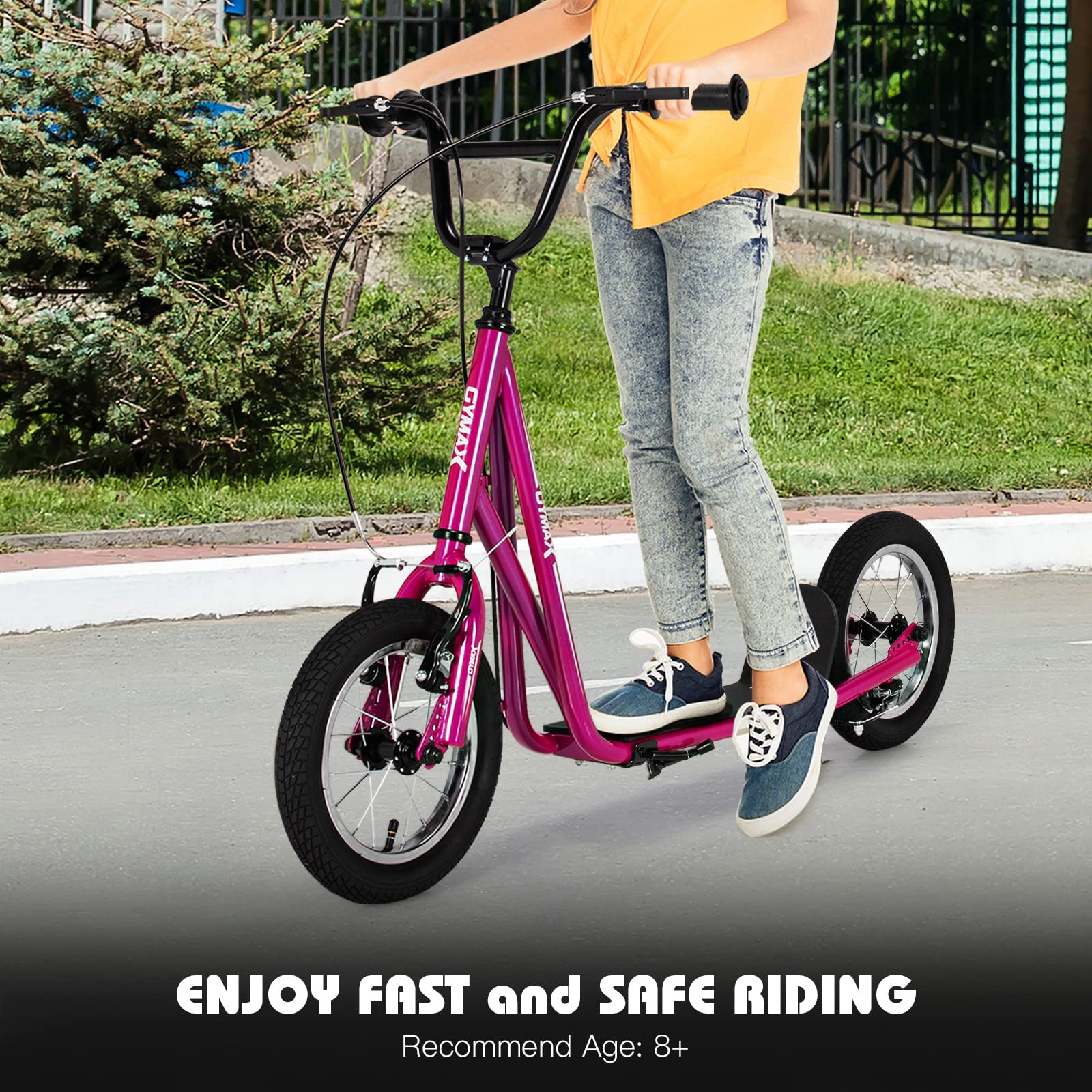 GYMAX Scooter, Kids & Adults Off-Road Scooter with 12" Inflatable Wheels, Adjustable Height Handlebar, V-Type Handbrakes & Axle Pegs for All Terrain, 8+ (Pink)