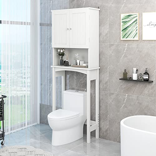 Merax Toilet Storage Shelf with Adjustable Shelves and Two Doors for Home, Bathroom Organizer Space Saver, White