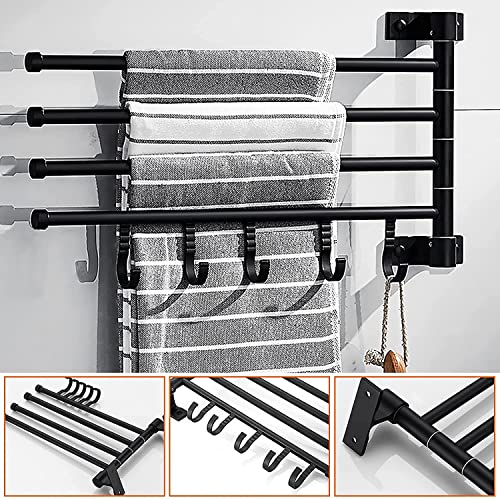 Swivel Towel Rack, 4-Arm Bathroom Wall Mounted Swivel Towel Bars Holder with Hooks Rustproof 180° Rotation Towel Organizer for Bathroom Kitchen